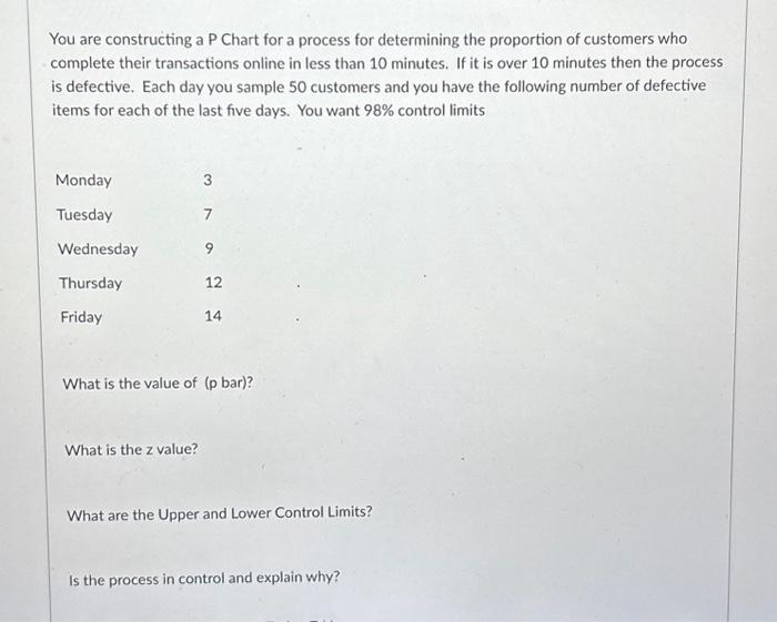 Solved You are constructing a P Chart for a process for | Chegg.com