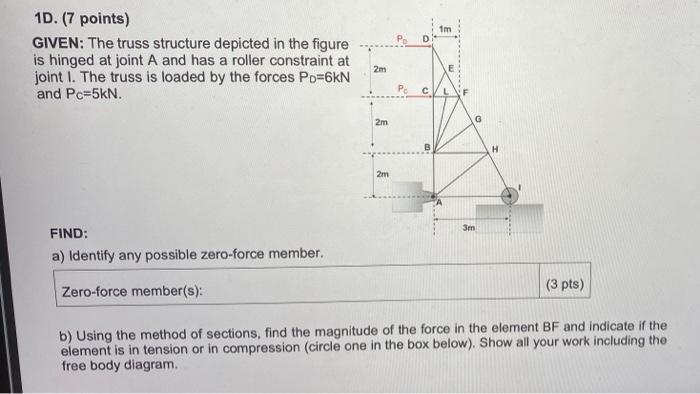 Solved Im D 1D. (7 points) GIVEN: The truss structure | Chegg.com