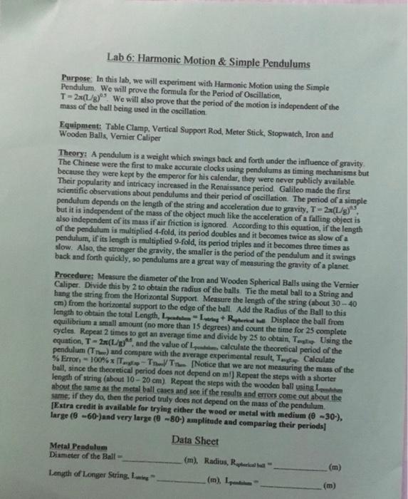 Solved Lab 6: Harmonic Motion \& Simple Pendulums Purpose: | Chegg.com