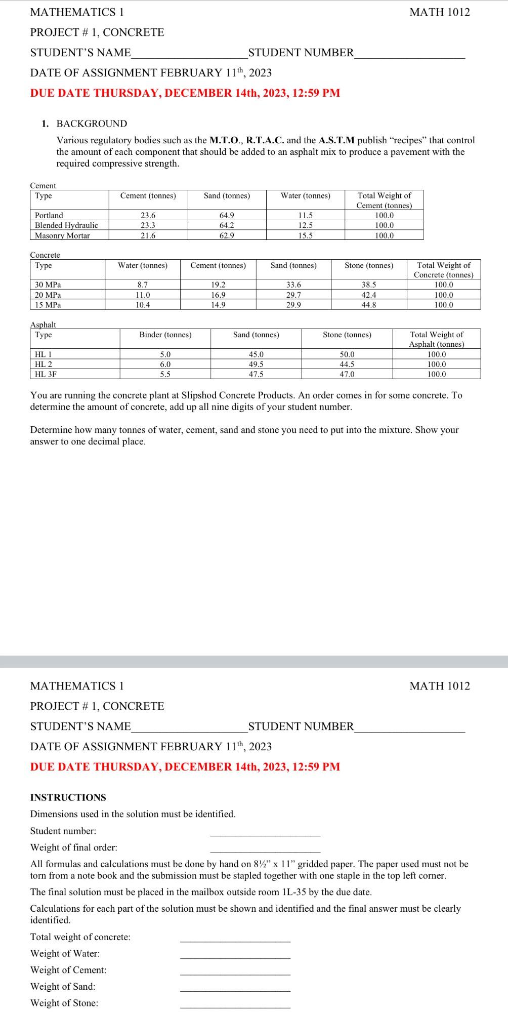 Solved MATHEMATICS 1MATH 1012PROJECT # 1, ﻿CONCRETESTUDENT'S | Chegg.com