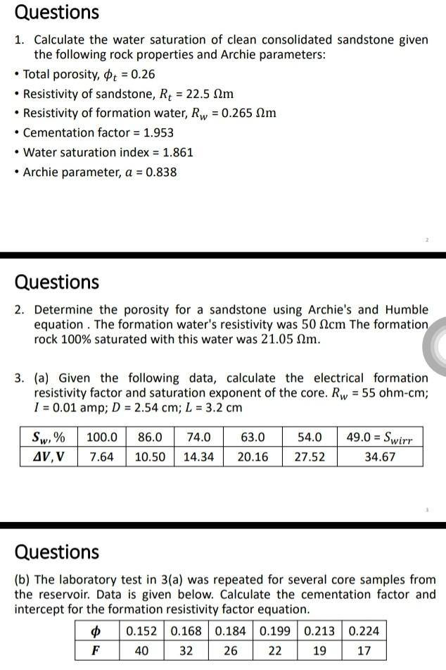 Solved Questions 1. Calculate the water saturation of clean | Chegg.com