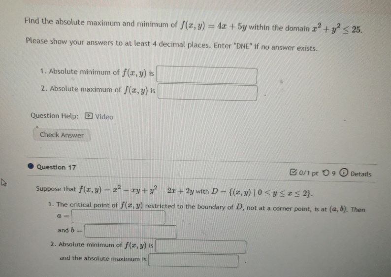 Solved Find the absolute maximum and minimum of f(x,y)=4x+5y | Chegg.com