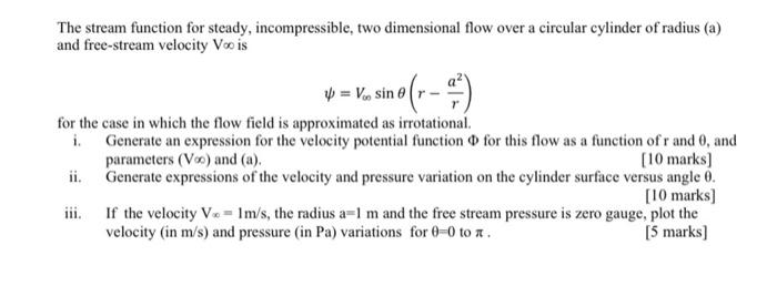 Solved The stream function for steady, incompressible, two | Chegg.com