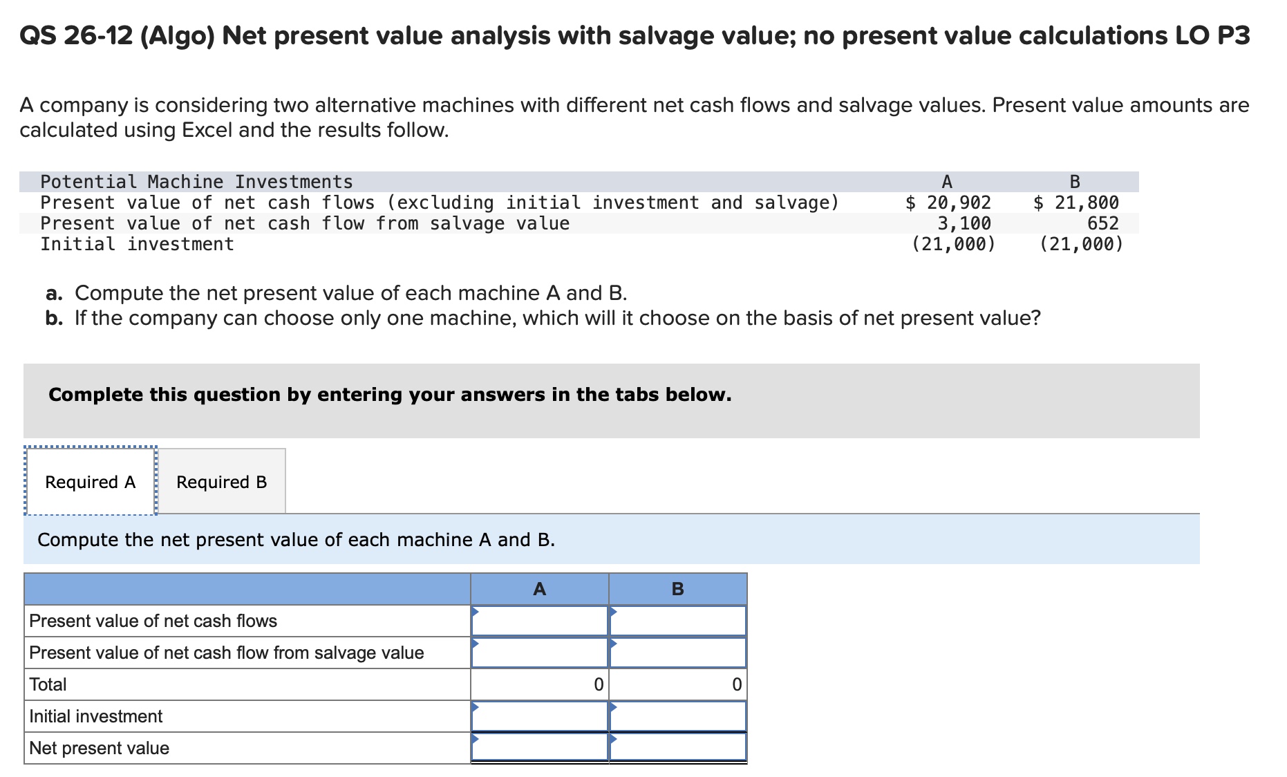 Solved 1. ﻿QS 26-12 (Algo) ﻿Net present value analysis with | Chegg.com