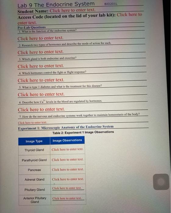 Solved Lab 9 The Endocrine System BIO 2011 Student Name: | Chegg.com