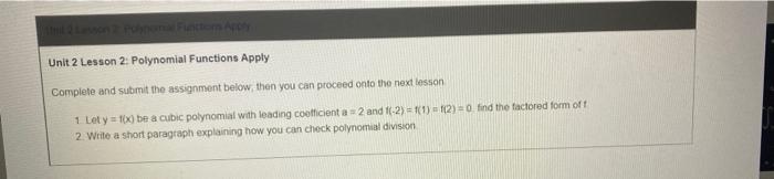 Solved Unit 2Lesson 2: Polynomial Functions Apply Complete | Chegg.com