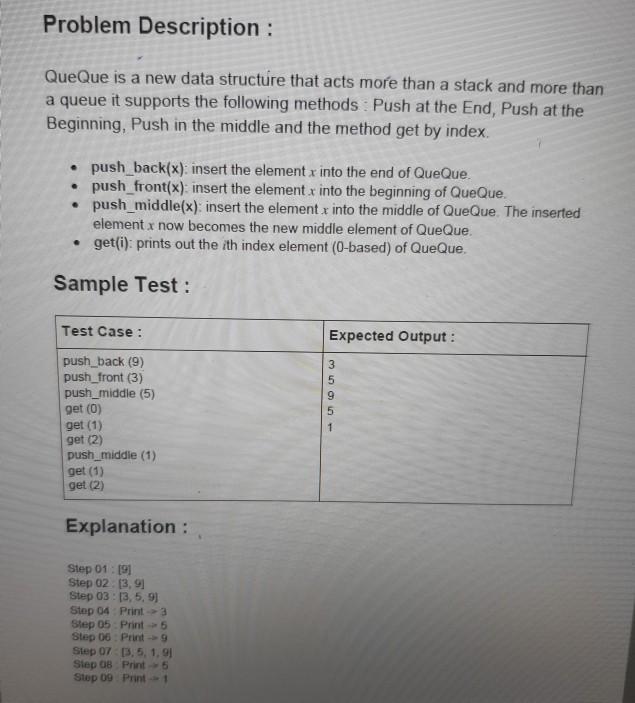 Solved Problem Description : QueQue is a new data structure | Chegg.com