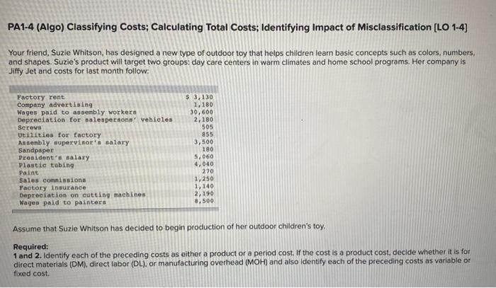 Solved PA1-4 (Algo) Classifying Costs; Calculating Total | Chegg.com