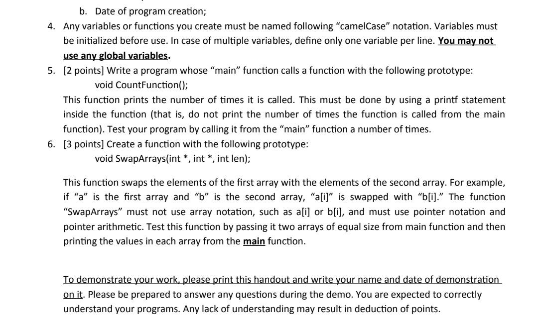 Solved b. Date of program creation; 4. Any variables or | Chegg.com