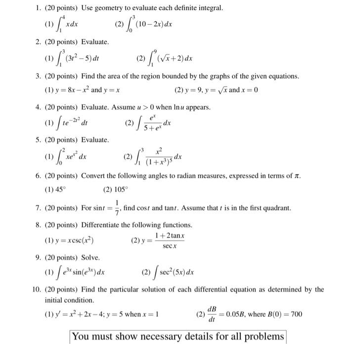 Solved 1. (20 points) Use geometry to evaluate each definite | Chegg.com
