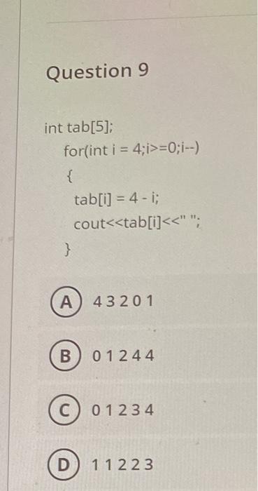 Solved Question 9 int tab[5]; for(int i = 4;i>=0;i--) { | Chegg.com