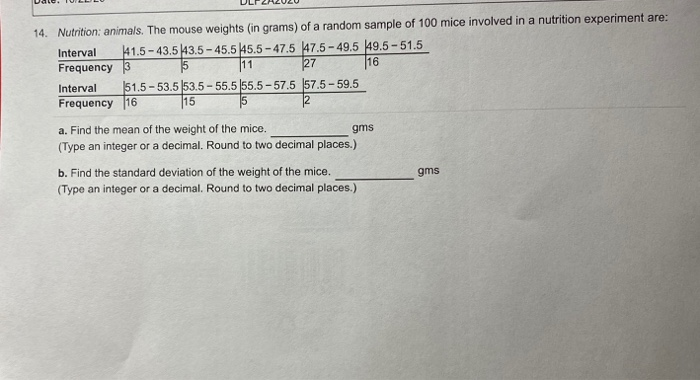 Solved 14. Nutrition: animals. The mouse weights (in grams) | Chegg.com