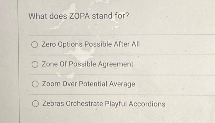 Solved What does ZOPA stand for? Zero Options Possible After | Chegg.com