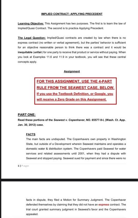 IMPLIED CONTRACT: APPLYING PRECEDENT Learning | Chegg.com