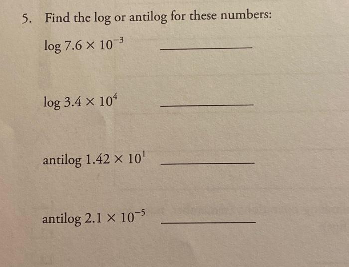 Solved 5. Find the log or antilog for these numbers: | Chegg.com