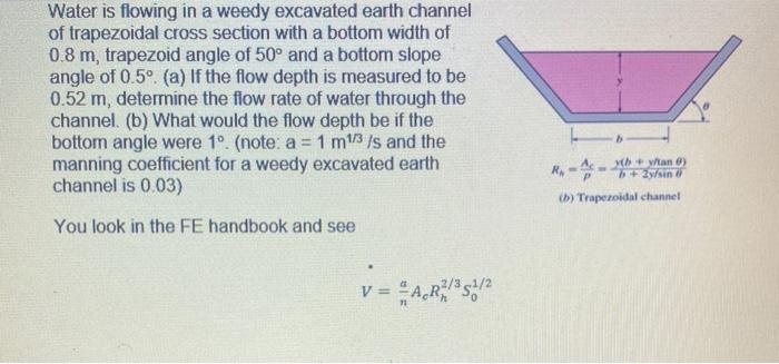Solved Water is flowing in a weedy excavated earth channel | Chegg.com