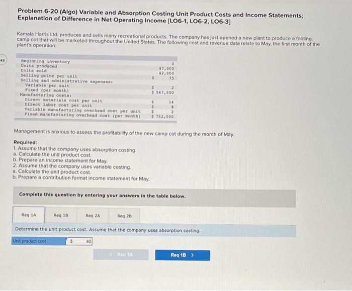 Solved Problem 6-20 (Algo) Variable and Absorption Costing | Chegg.com