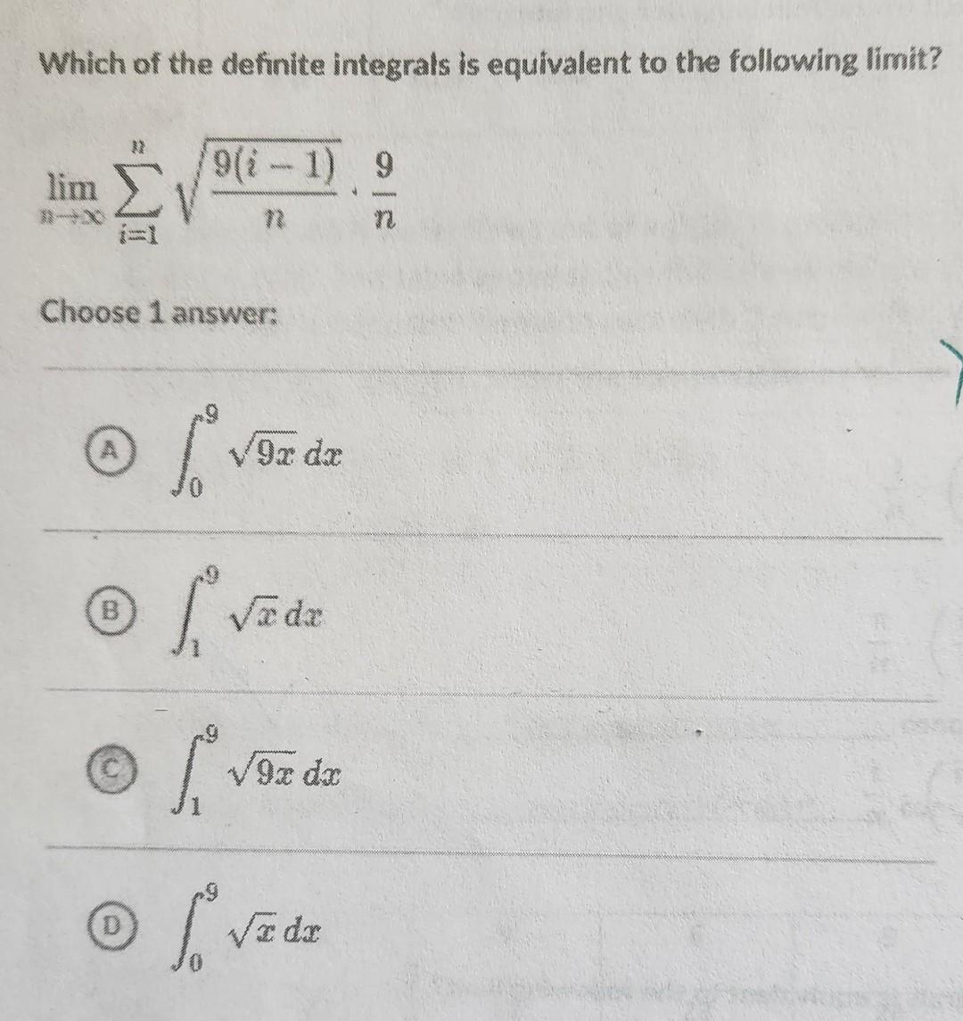 Solved Which of the definite integrals is equivalent to the | Chegg.com