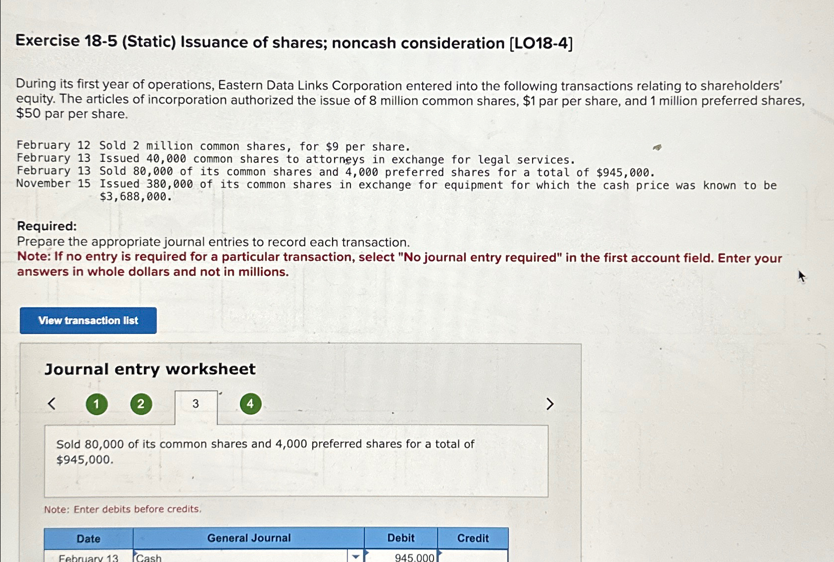 Solved Exercise 18-5 (Static) ﻿Issuance of shares; noncash | Chegg.com