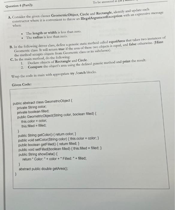 Solved Question 4 (Part2): A. Consider the given classes | Chegg.com