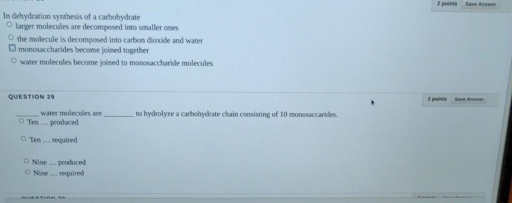 Solved 2 points Save Answer In dehydration synthesis of a | Chegg.com