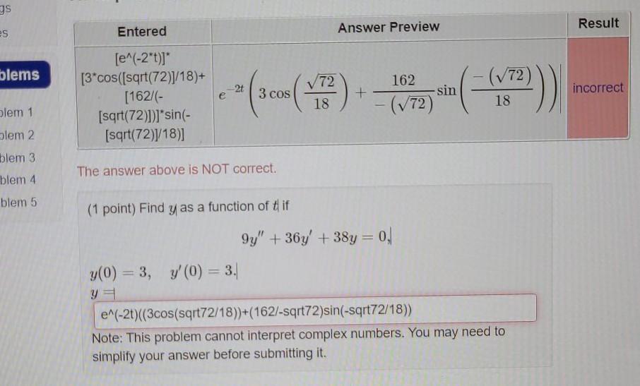 Solved gs es Result Entered Answer Preview blems (172) 2t | Chegg.com