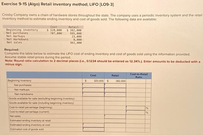 Solved Exercise 9-15 (Algo) Retail inventory method; LIFO | Chegg.com