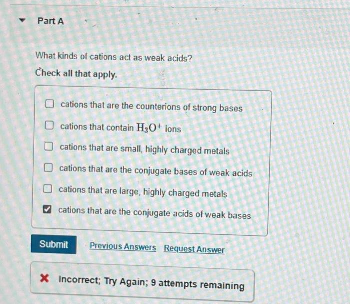 Solved Part A What kinds of cations act as weak acids? Check | Chegg.com