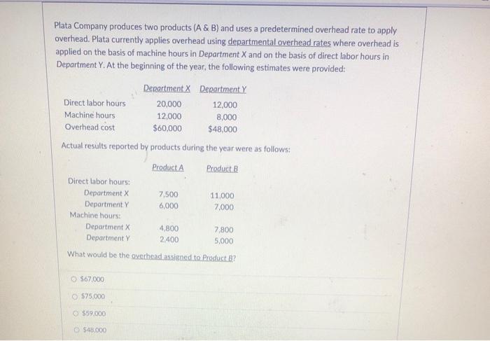 Solved Plata Company produces two products (A & B) and uses | Chegg.com