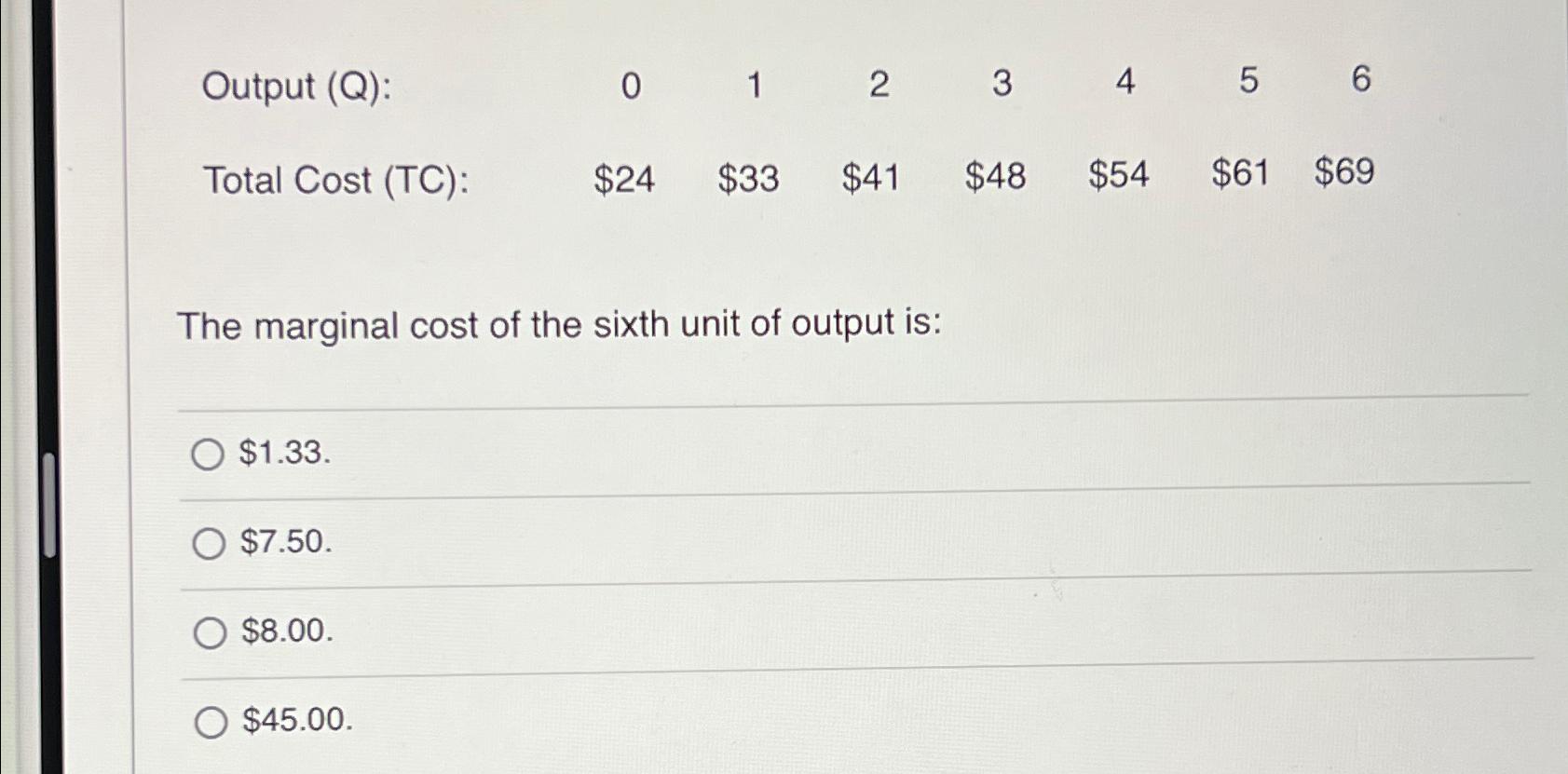 Solved \table[[Output (Q):,0,1,2,3,4,5,6],[Total Cost | Chegg.com
