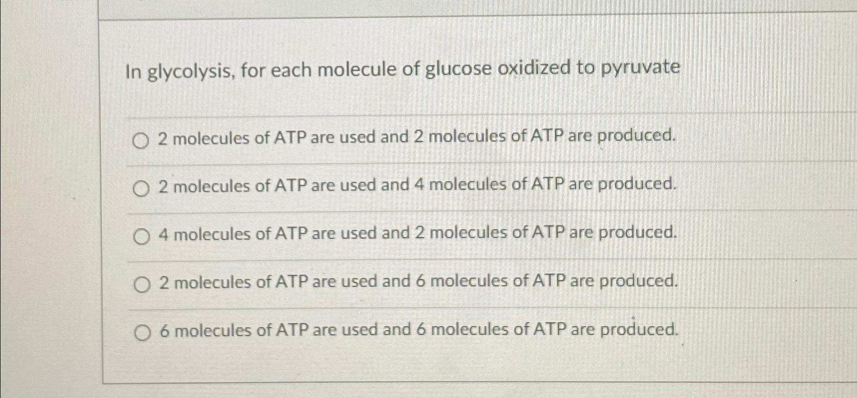 Solved In glycolysis, for each molecule of glucose oxidized | Chegg.com