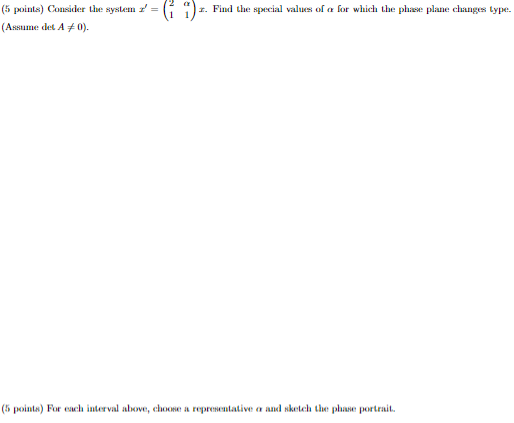 Solved (5 ﻿points) ﻿Consider the system x'=([2,α],[1,1])x. | Chegg.com