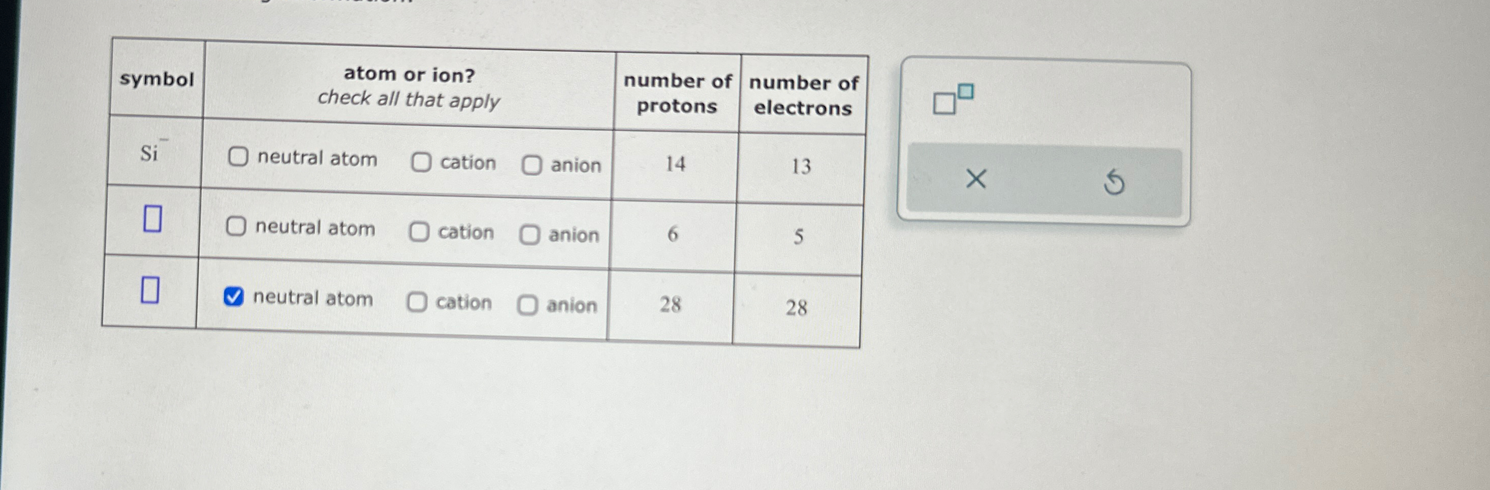 Solved \table[[symbol,\table[[atom or ion?],[check all that | Chegg.com