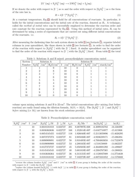 Solved iodine clock reaction please show in excel and | Chegg.com