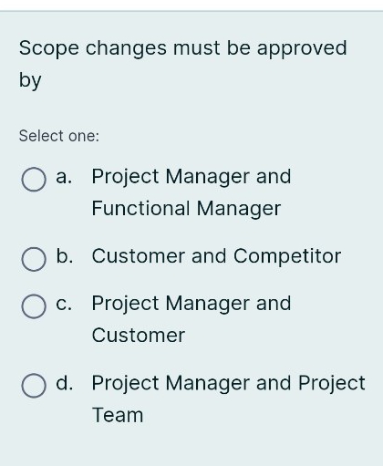 Solved Scope changes must be approved bySelect one:a. | Chegg.com