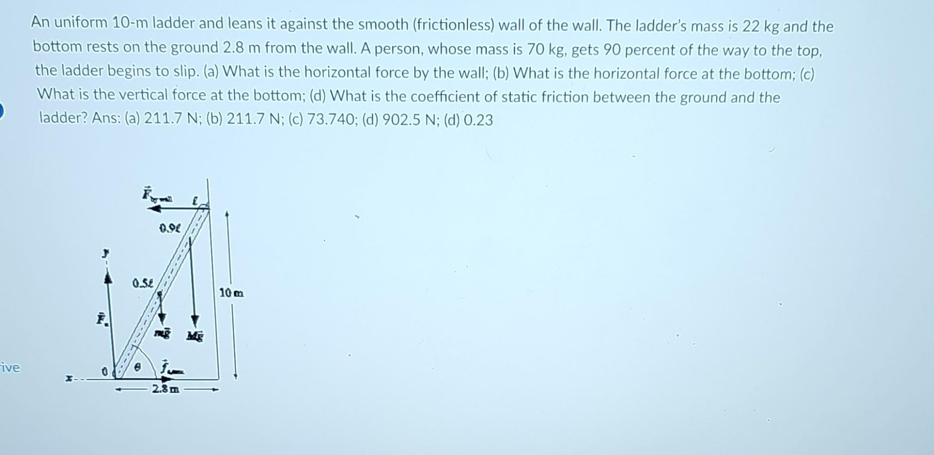 Solved An uniform 10-m ladder and leans it against the | Chegg.com