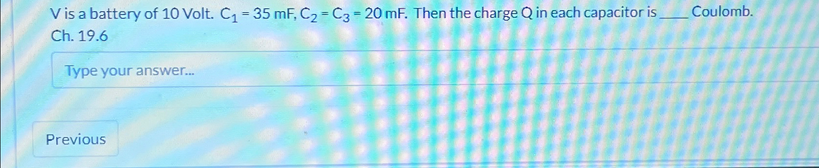 V ﻿is a battery of 10 ﻿Volt. C1=35mF,C2=C3=20mF. | Chegg.com