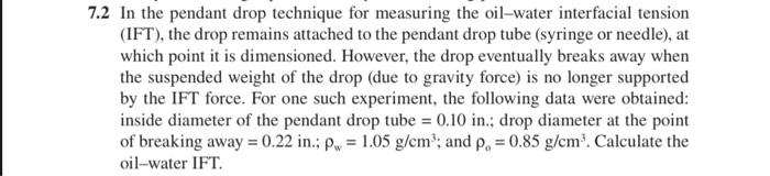 Solved 7.2 In the pendant drop technique for measuring the | Chegg.com