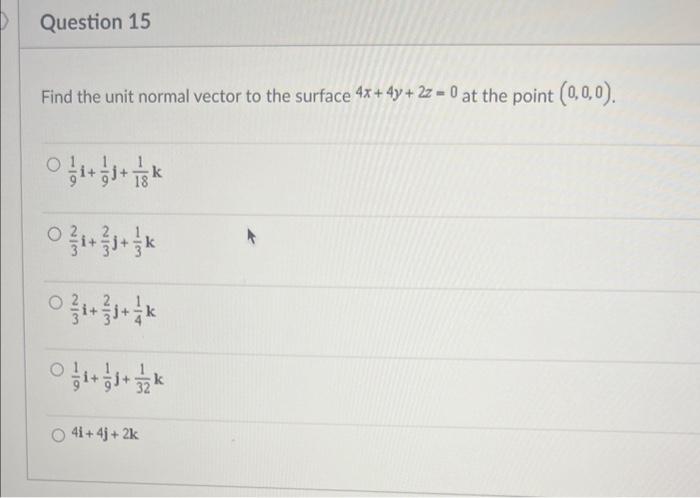 Solved Find the unit normal vector to the surface 4x+4y+2z=0 | Chegg.com