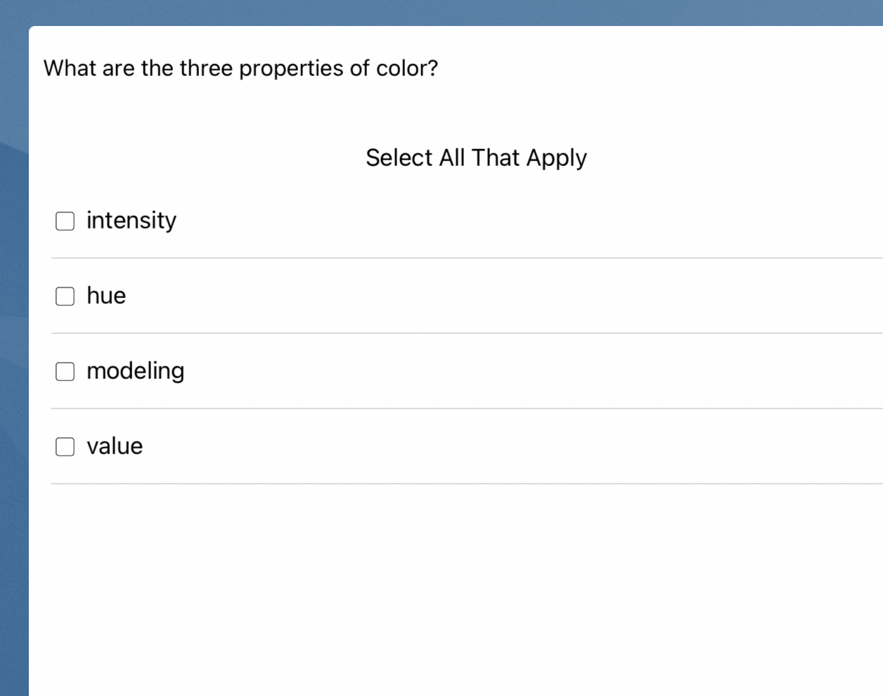 Solved What are the three properties of color?Select All | Chegg.com