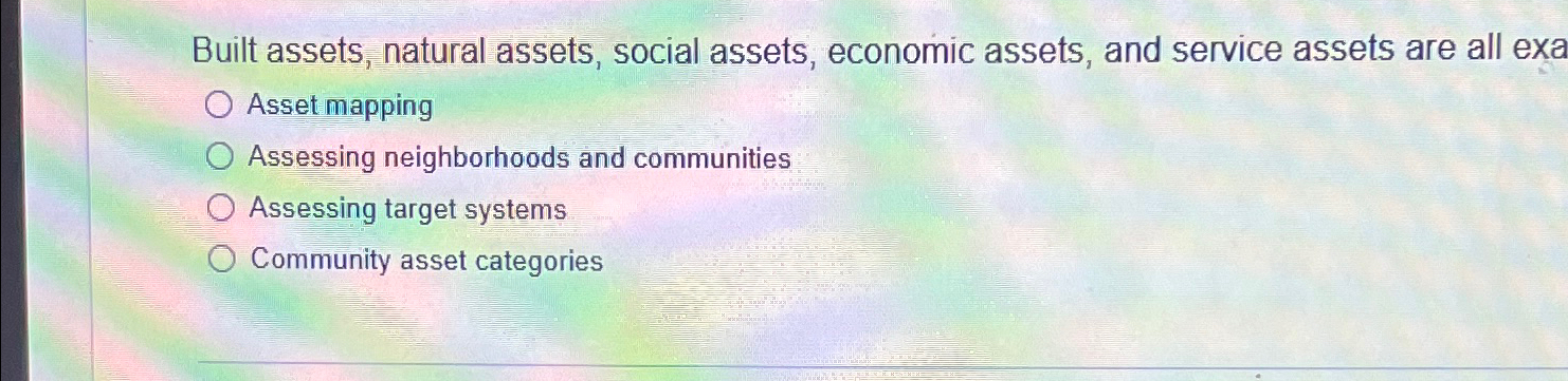 Solved Built assets, natural assets, social assets, economic | Chegg.com