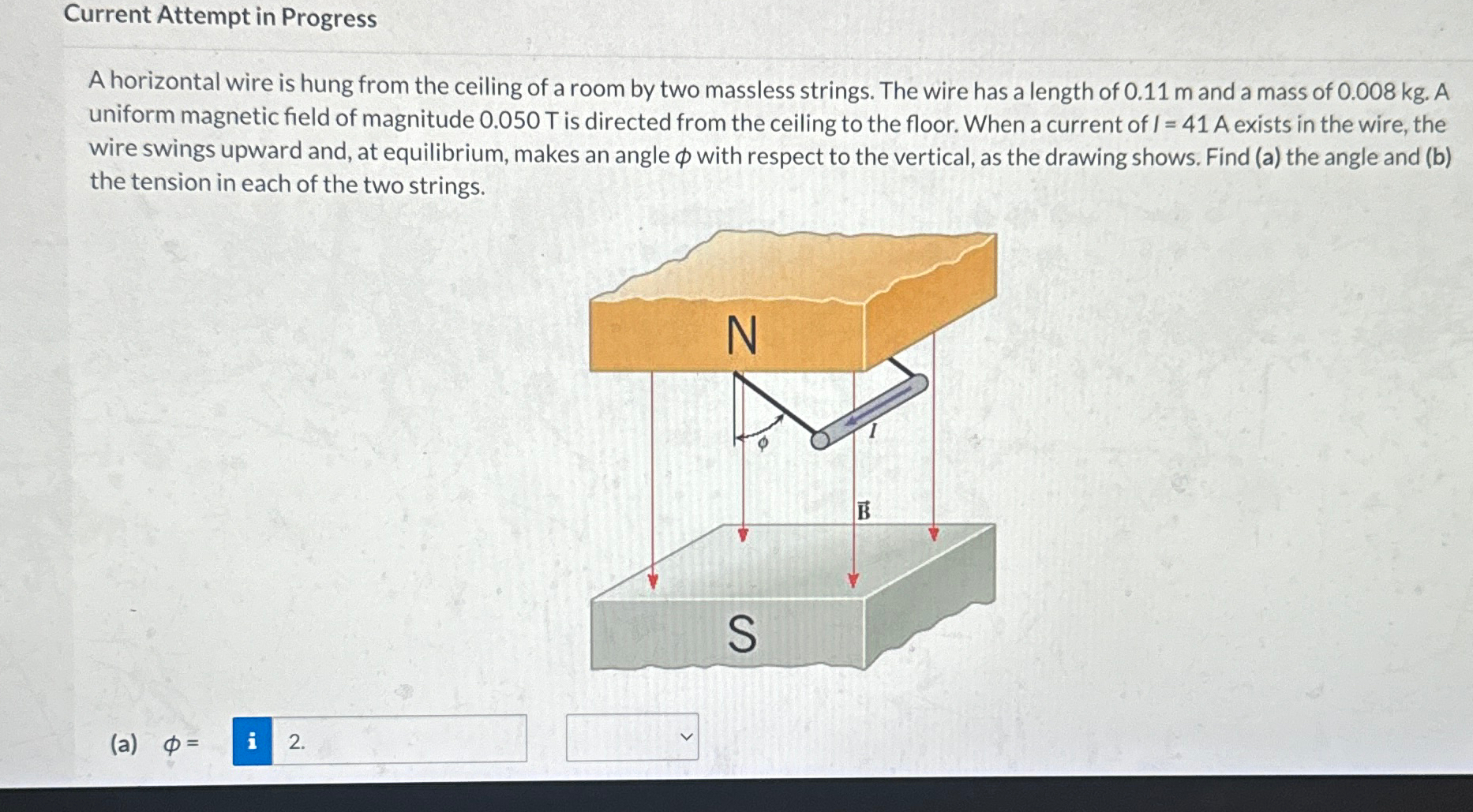 Solved Current Attempt in ProgressA horizontal wire is hung | Chegg.com