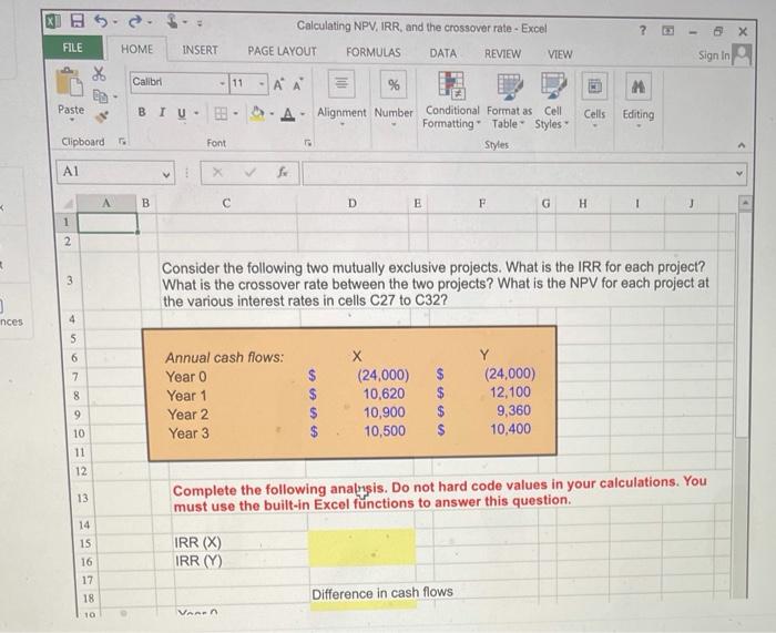 Solved Calculating NPV, IRR, and the crossover rate - Excel | Chegg.com