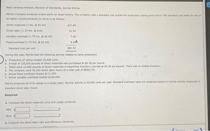 Solved Basic Variance Analysis, Revision of Standards, | Chegg.com