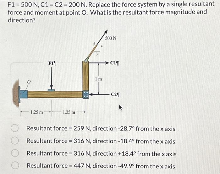 Solved F1=500 N,C1=C2=200 N. Replace the force system by a | Chegg.com