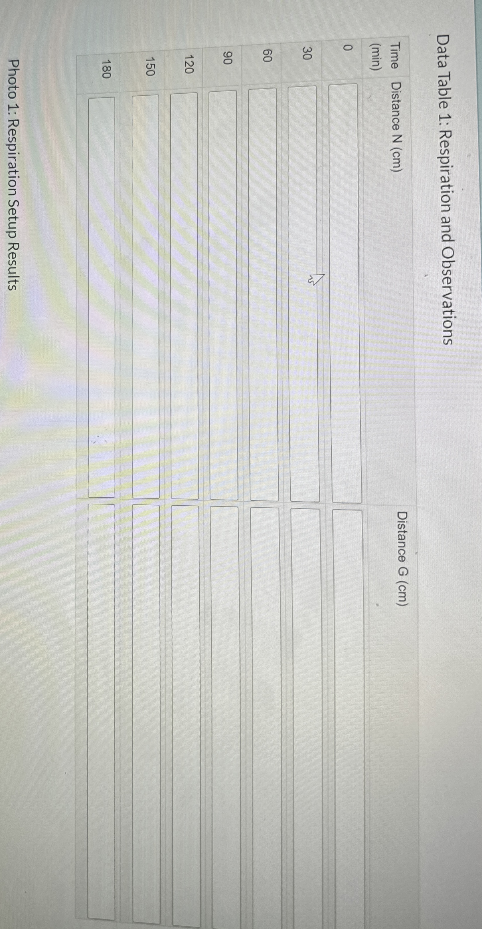 Data Table 1: Respiration and ObservationsPhoto 1: | Chegg.com
