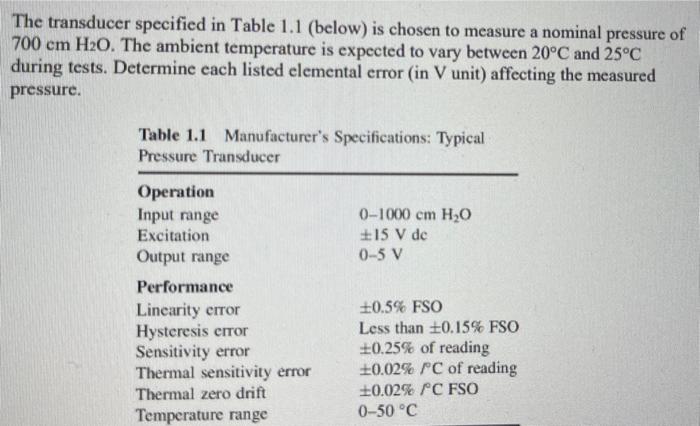 Solved The transducer specified in Table 1.1 (below) is | Chegg.com