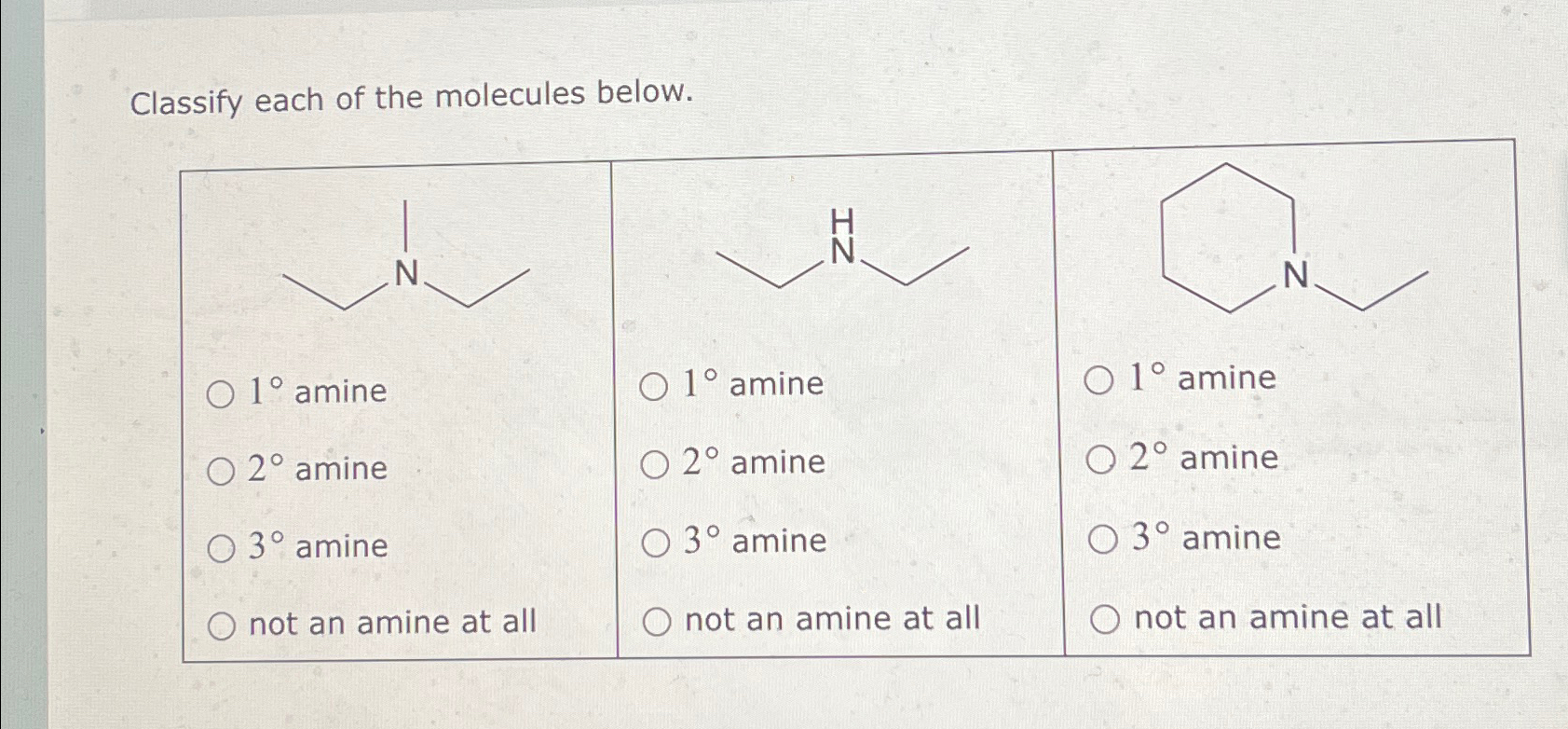 Solved Classify each of the molecules below.\table[[,,],[1° | Chegg.com