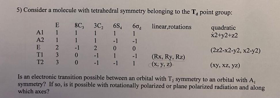 Solved 5) Consider a molecule with tetrahedral symmetry | Chegg.com