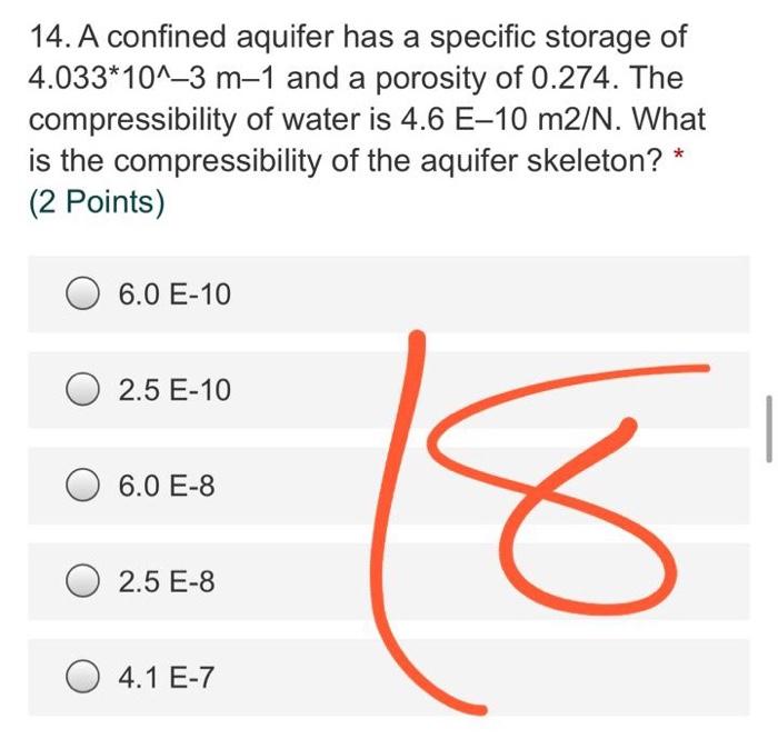 Solved 14. A confined aquifer has a specific storage of | Chegg.com